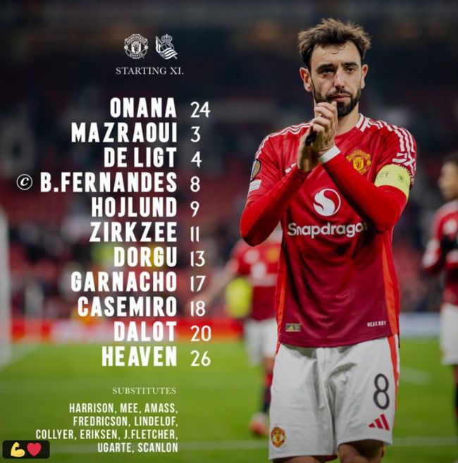 [UEL 라인업] 지면 다음 시즌 유럽대항전 없다! '브루노 출격' 맨유, 소시에다드전 선발 공개 : zum 뉴스