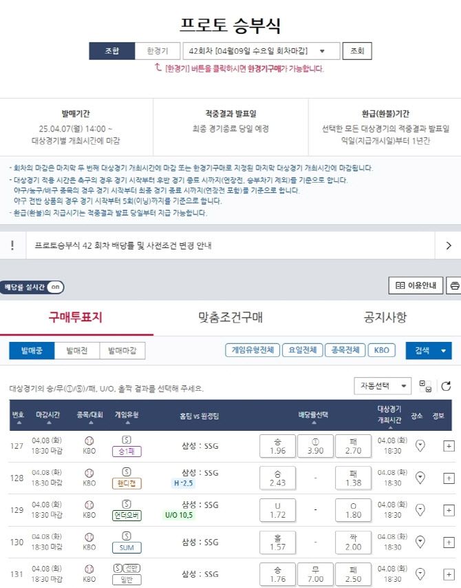 '삼성-SSG 전반 무승부 시 7.00배'… 프로토 승부식 42회차, KBO리그 대상 경기 마감 임박 : zum 뉴스